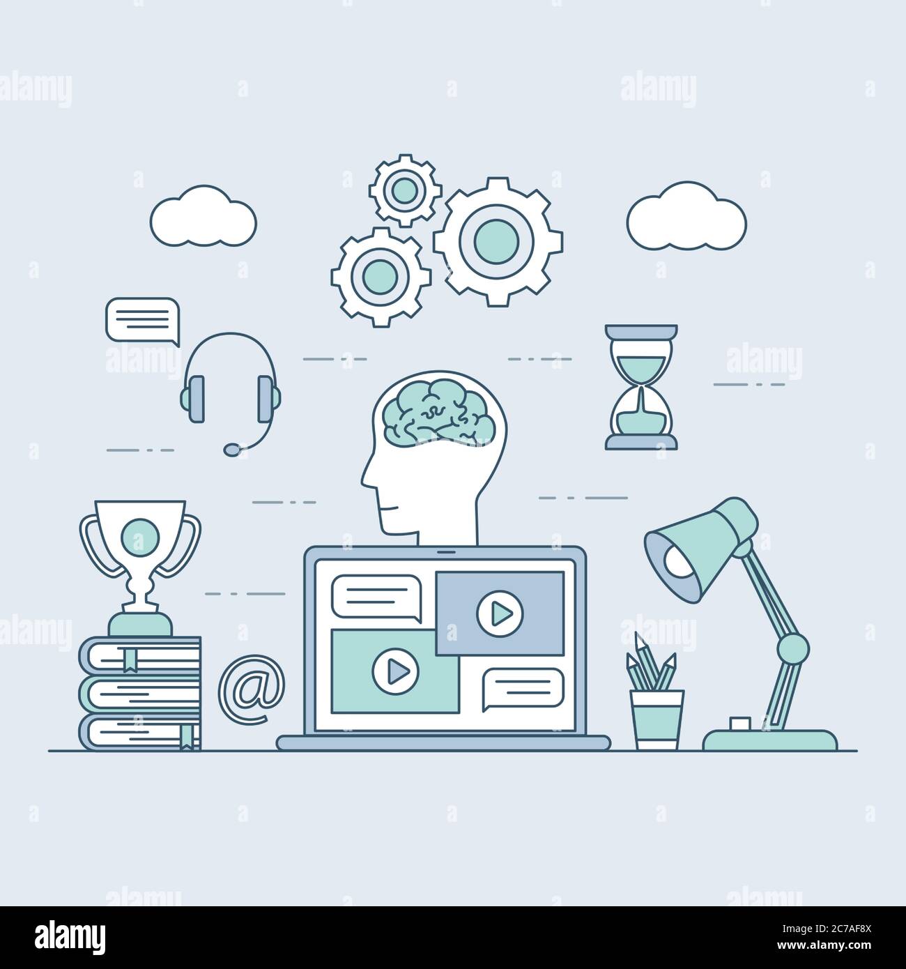 Distant learning vector cartoon outline illustration. Laptop screen ...