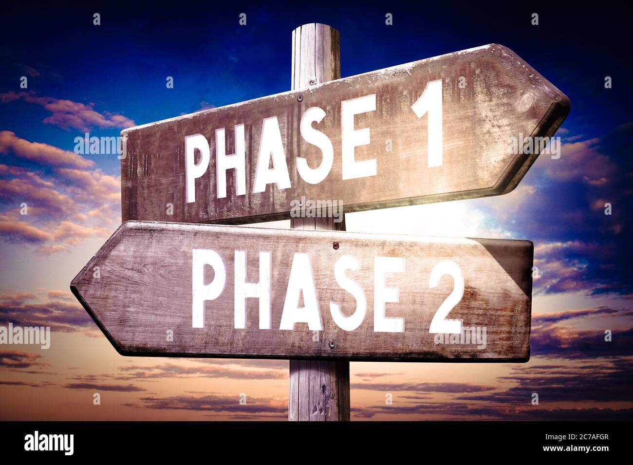 Phase 1, phase 2 - wooden signpost, roadsign with two arrows Stock ...