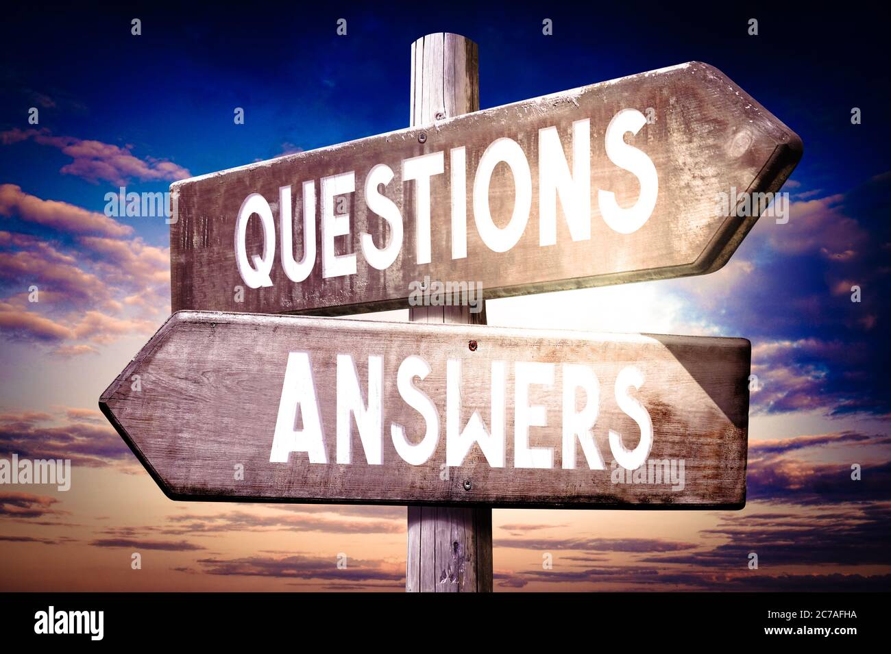 Questions, answers - wooden signpost, roadsign with two arrows Stock ... Questions, answers - wooden signpost, roadsign with two arrows Stock ...