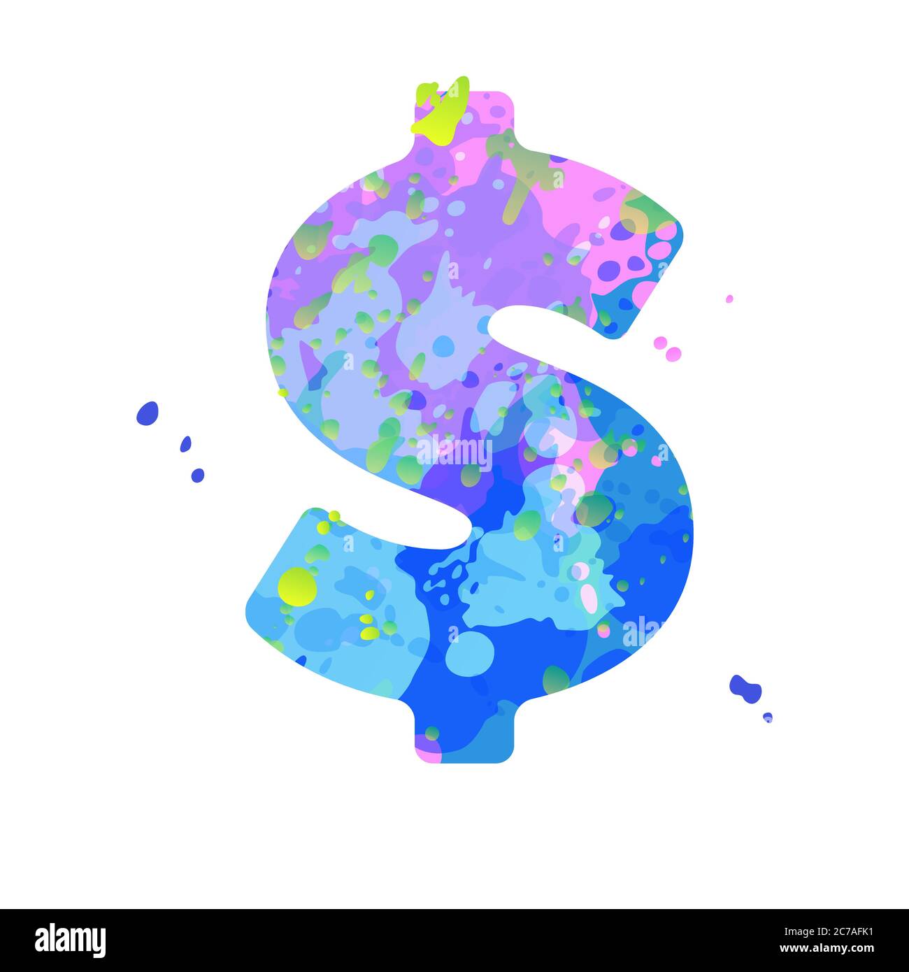 Special symbol dollar sign with effect of liquid spots of paint in blue ...