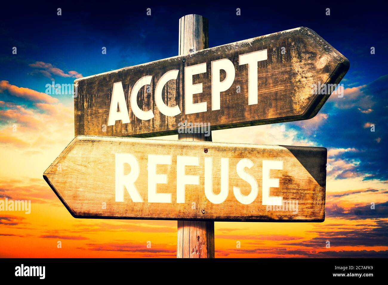Accept, refuse - wooden signpost, roadsign with two arrows Stock Photo ...