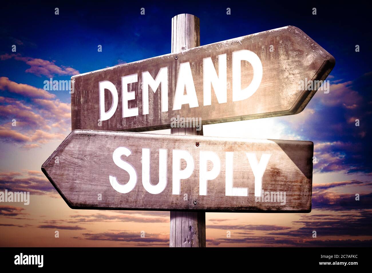Demand, supply - wooden signpost, roadsign with two arrows Stock Photo ...