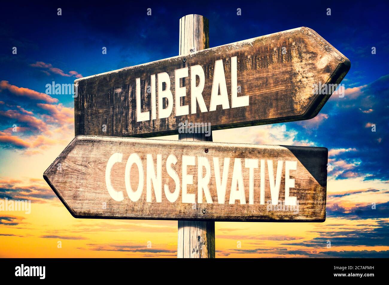 Liberal, conservative - wooden signpost, roadsign with two arrows Stock ...
