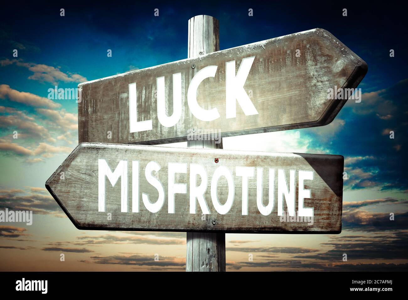 Luck, misfortune - wooden signpost, roadsign with two arrows Stock ...