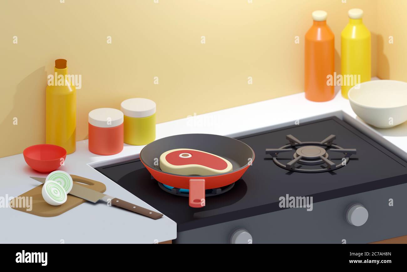 cooking steak in a pan cartoon style dinette 3D computer graphic ...