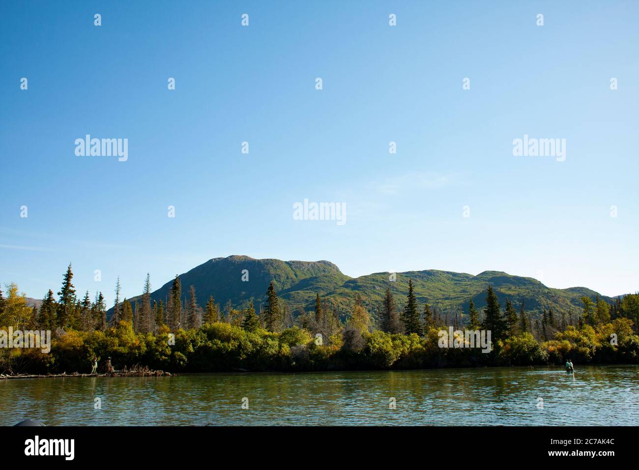 Lake Iliamna, Alaska, under a clear blue sky, with calm waters ...