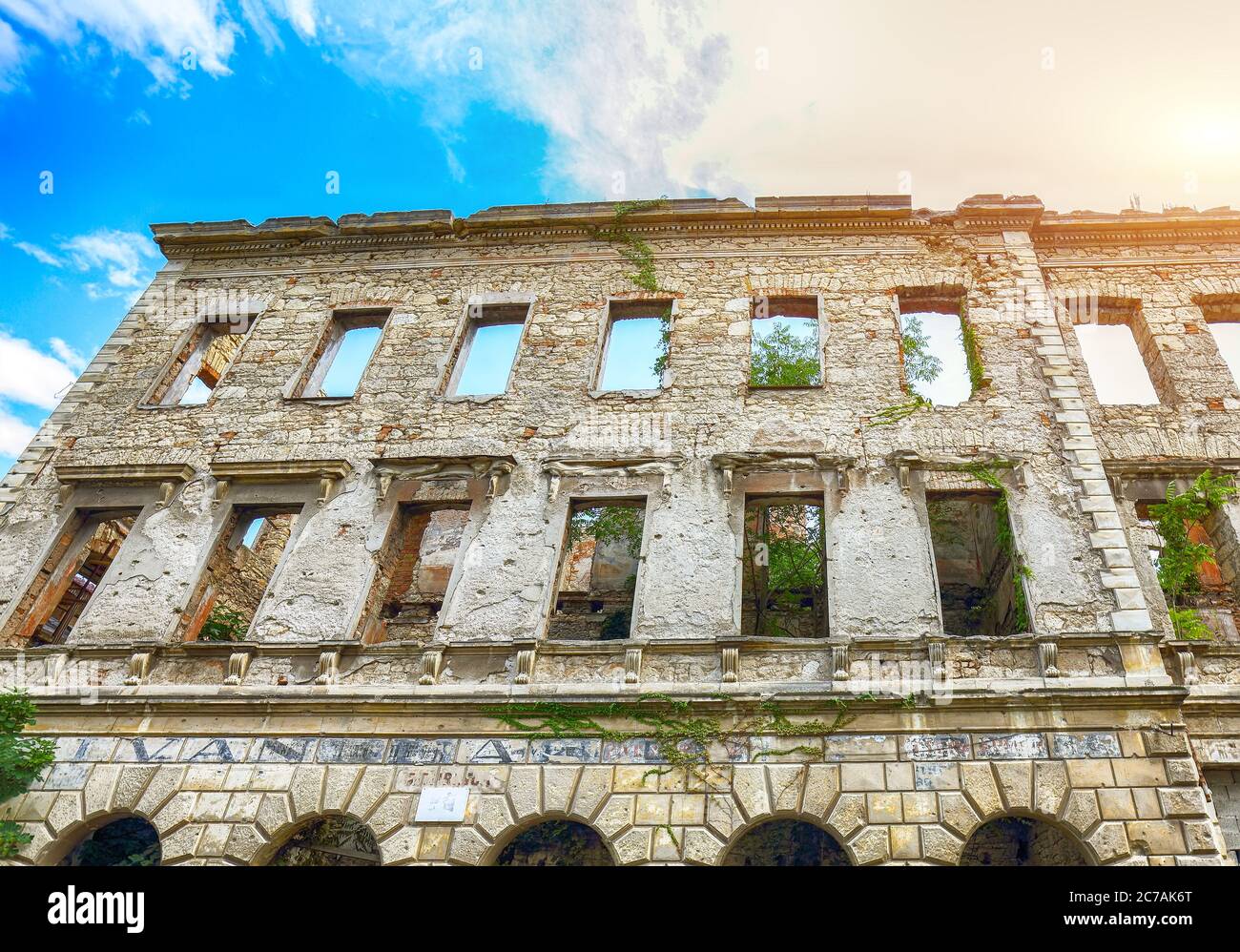 Building ruin in Mostar, after the bombing of the city. Location ...