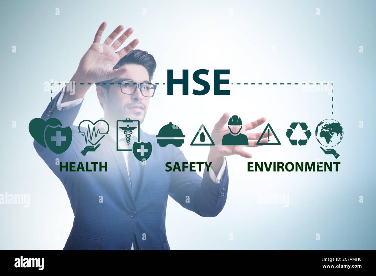 HSE concept with the businessman pressing virtual button Stock Photo ...