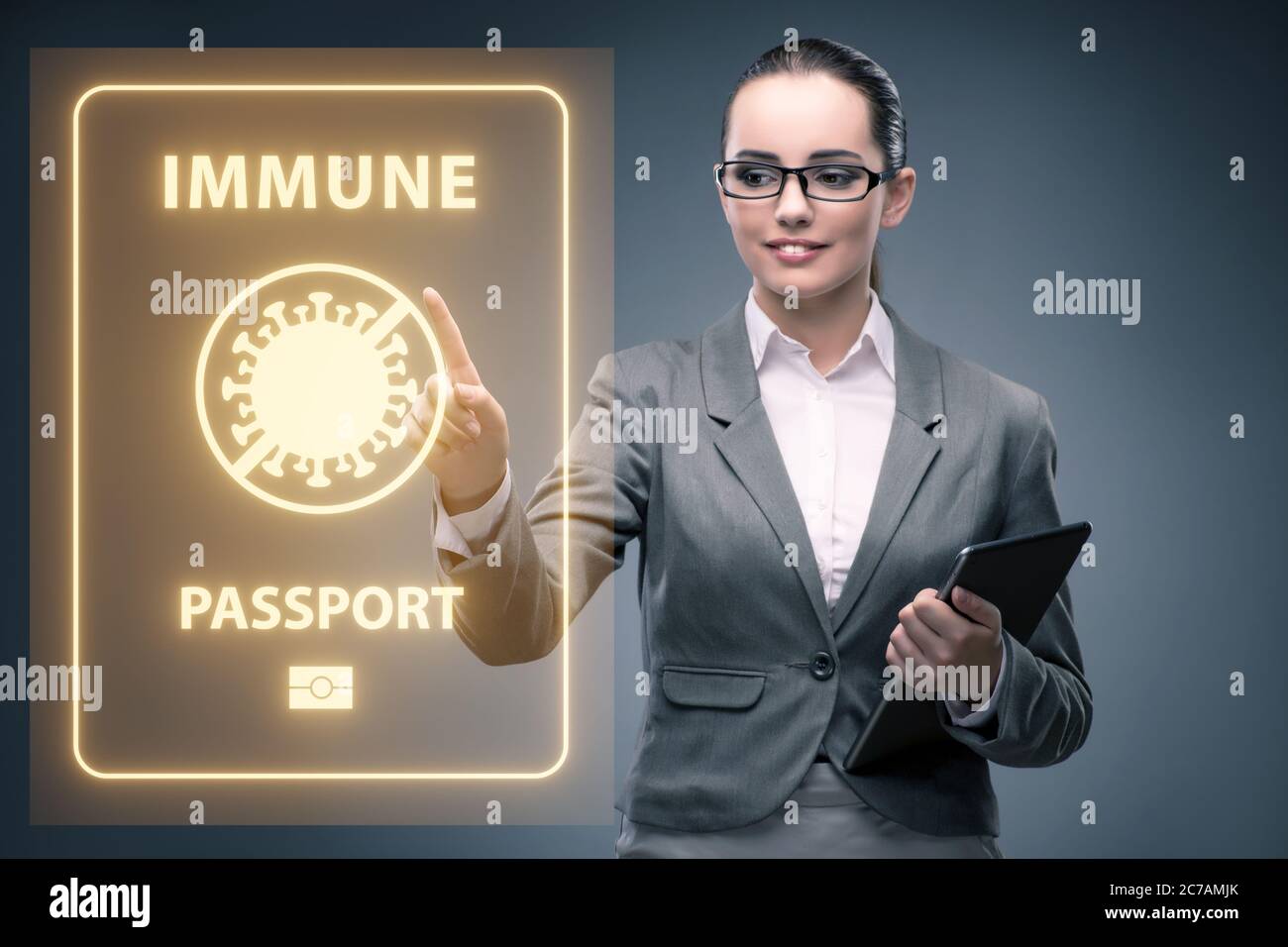Concept of immunity passport - pressing the virtual button Stock Photo ...