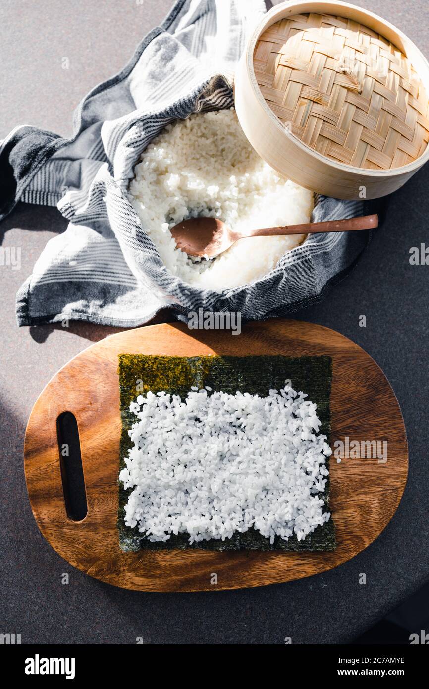 healthy plant-based food recipes concept, vegan sushi with seaweed and ...