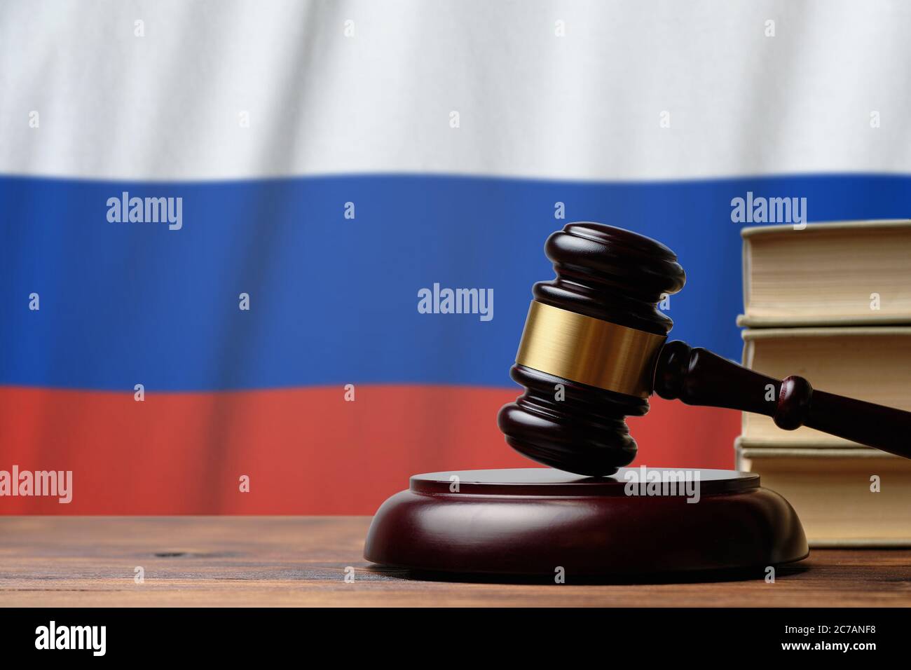Justice and court concept in Russian Federation. Judge hammer on a flag ...
