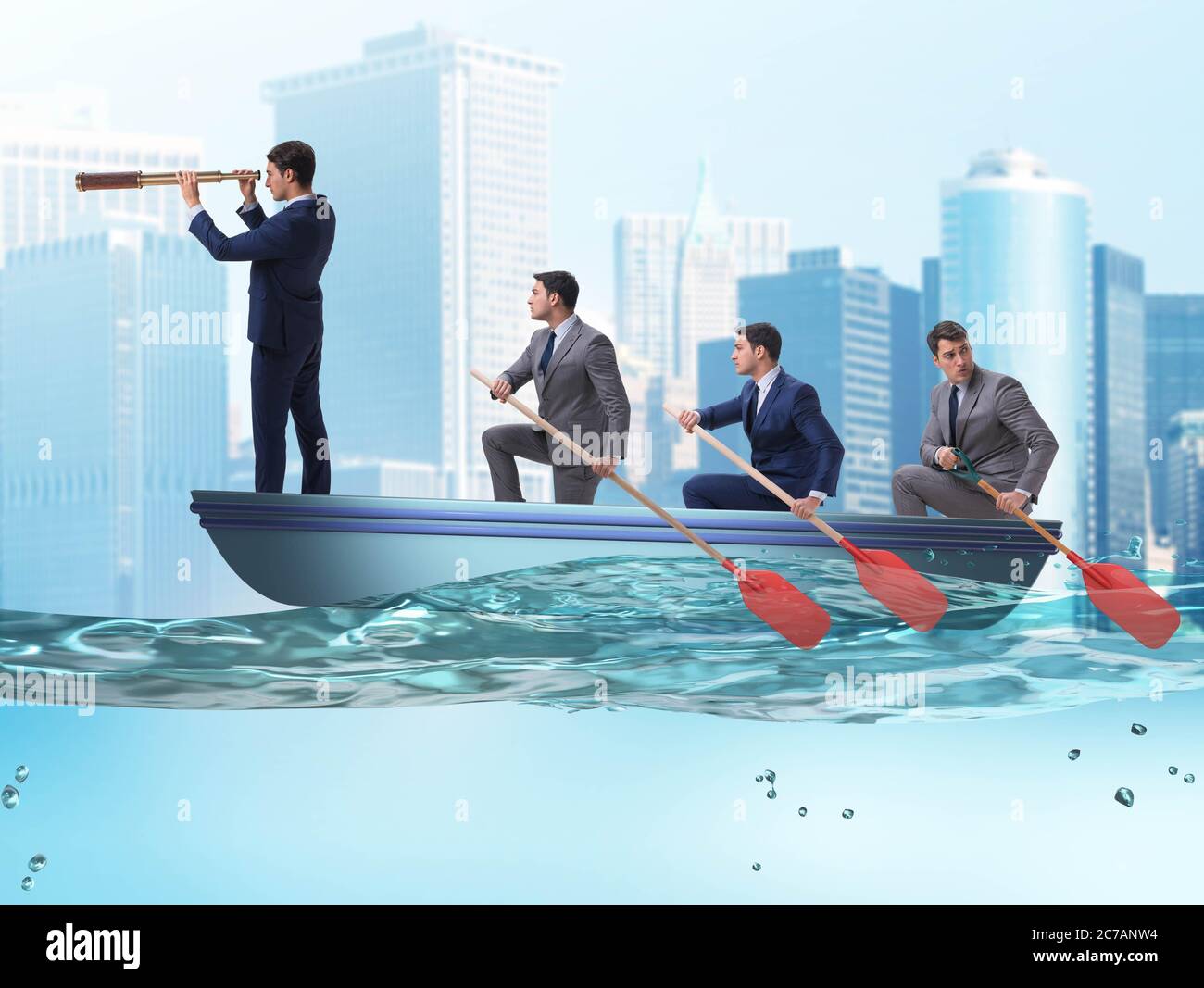 The team of businessmen in teamwork concept with boat Stock Photo - Alamy