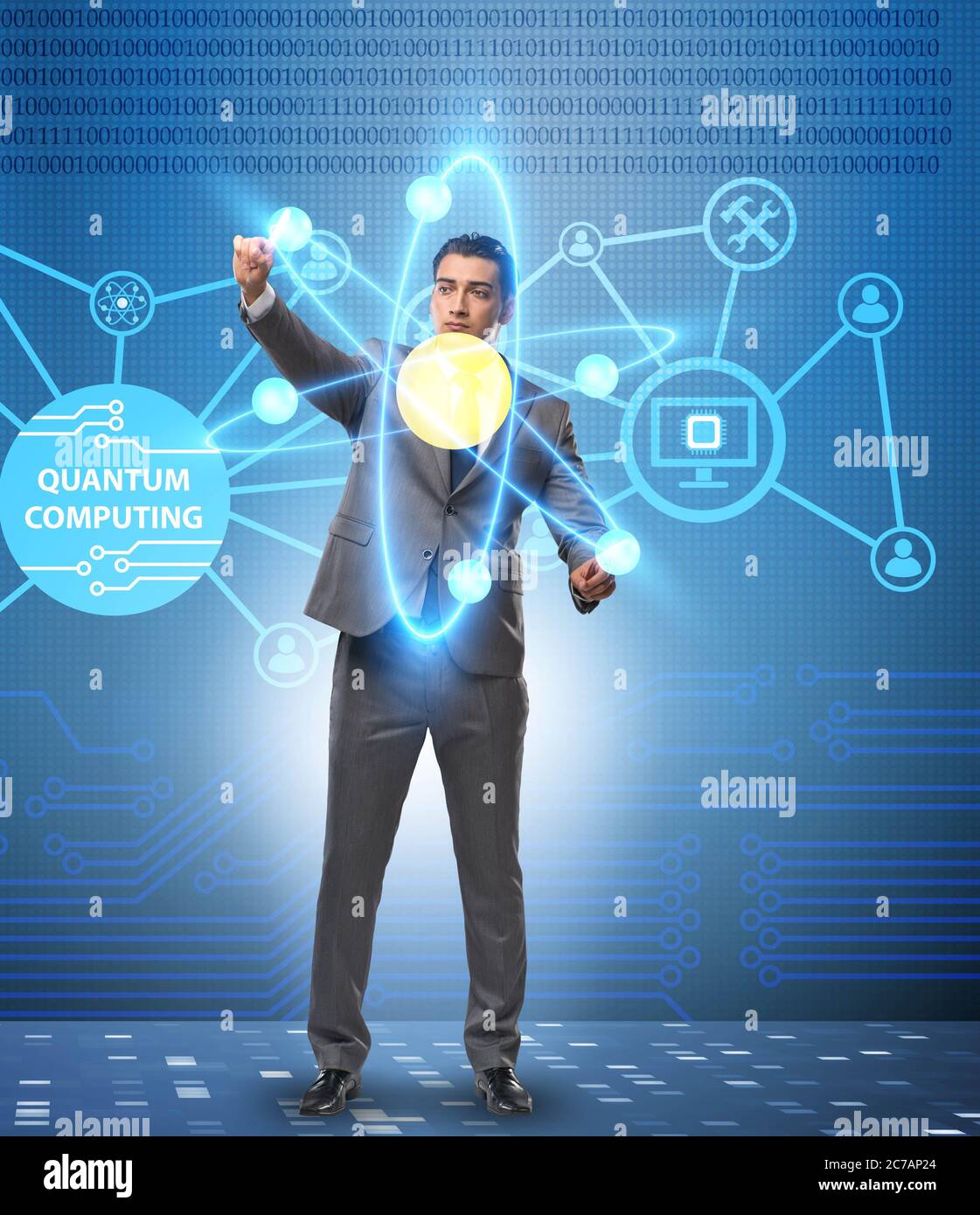 The businessman pressing virtual button in quantum computing concept Stock Photo - Alamy