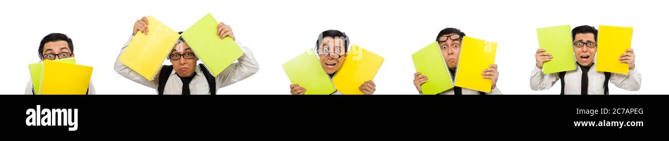 The male student holding notes isolated on white Stock Photo - Alamy