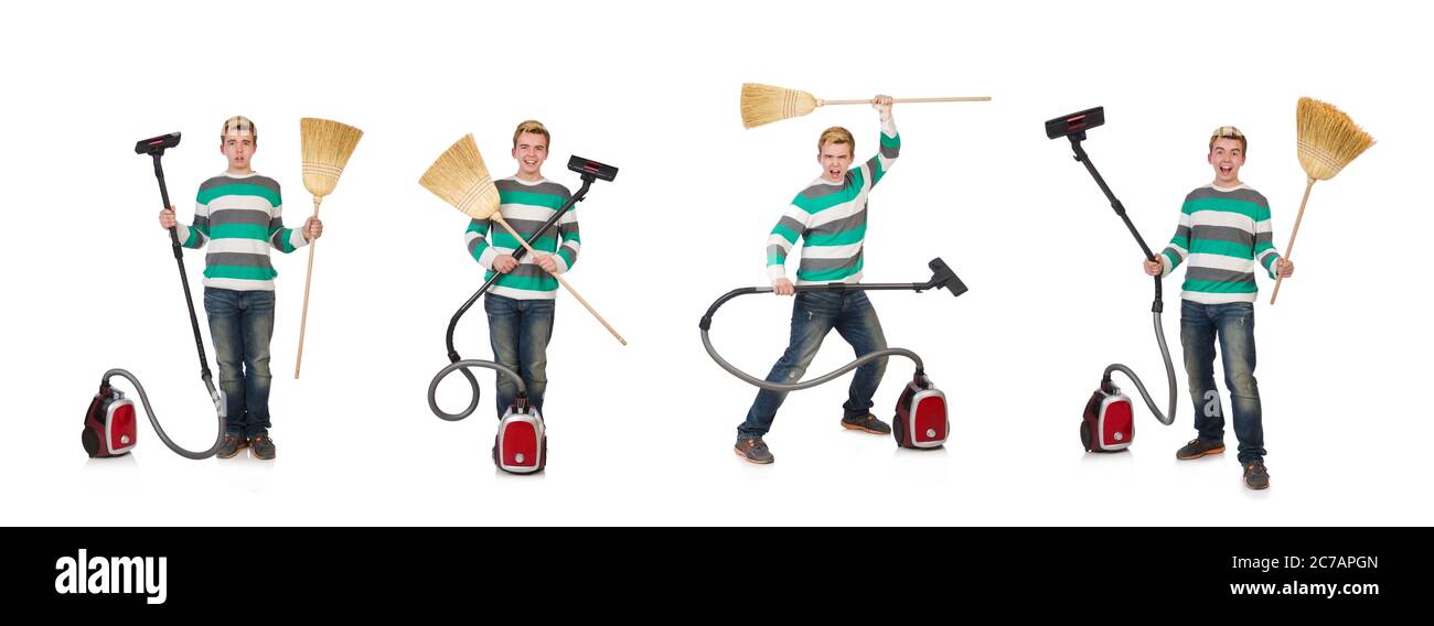 The man with vacuum cleaner and broom on white Stock Photo - Alamy
