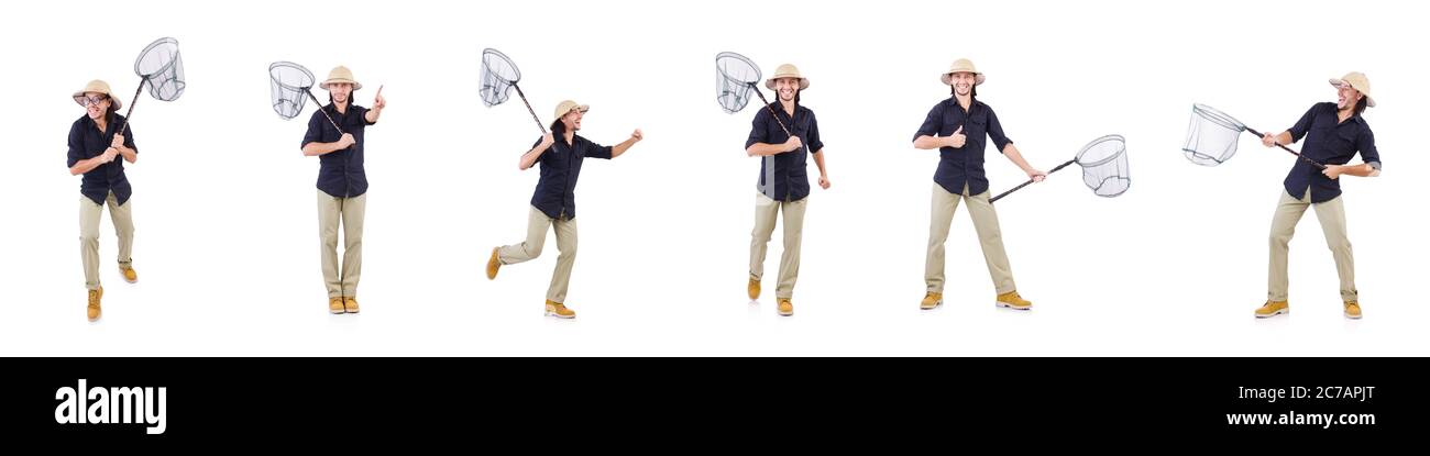 The funny guy with catching net on white Stock Photo - Alamy