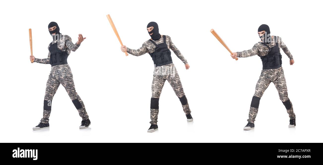 The soldier with baseball bat isolated on white Stock Photo - Alamy