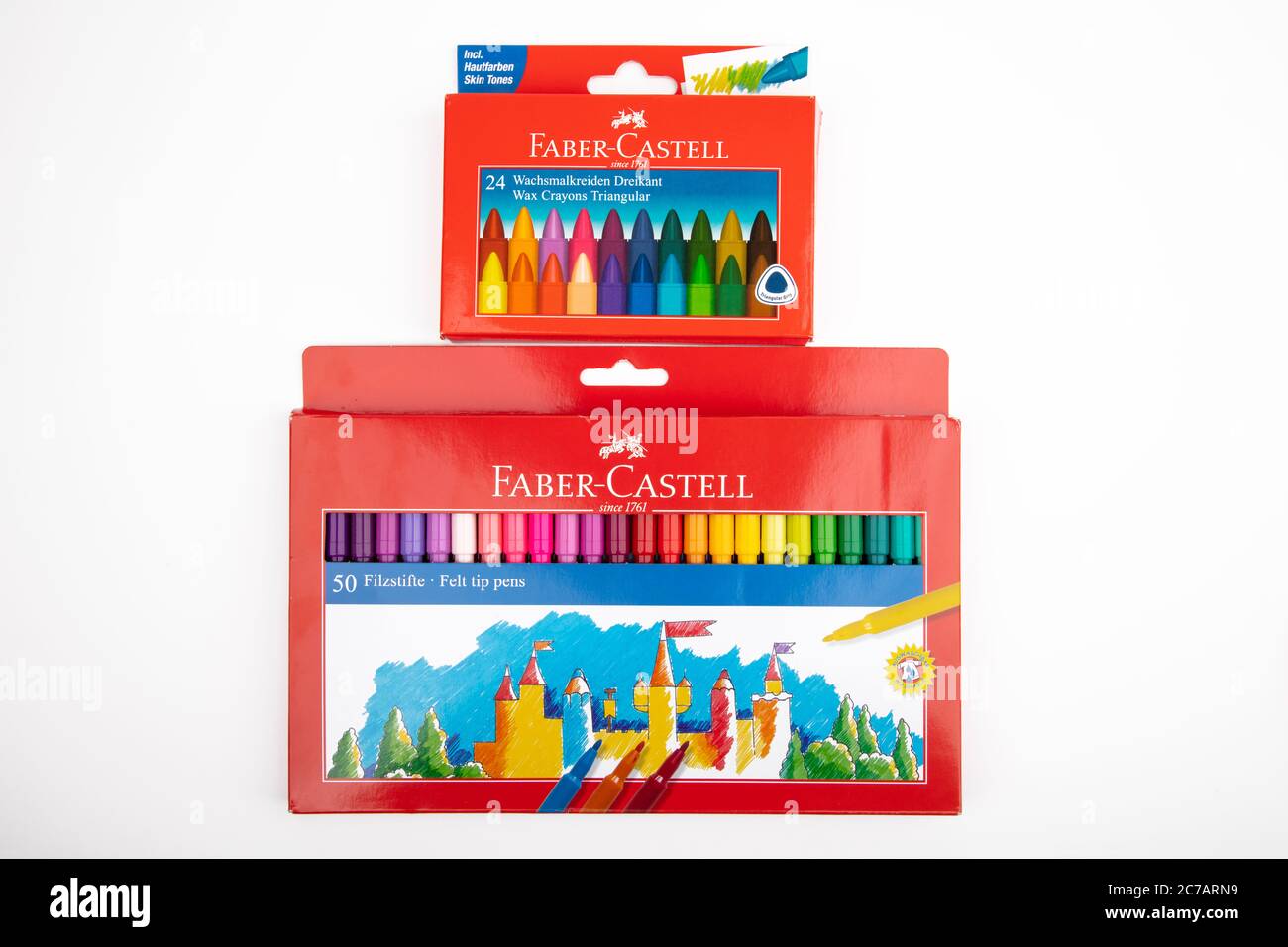 WETZLAR, GERMANY 2020 04 05 FABER CASTELL Wax Crayons and Felt Tip Pens ...