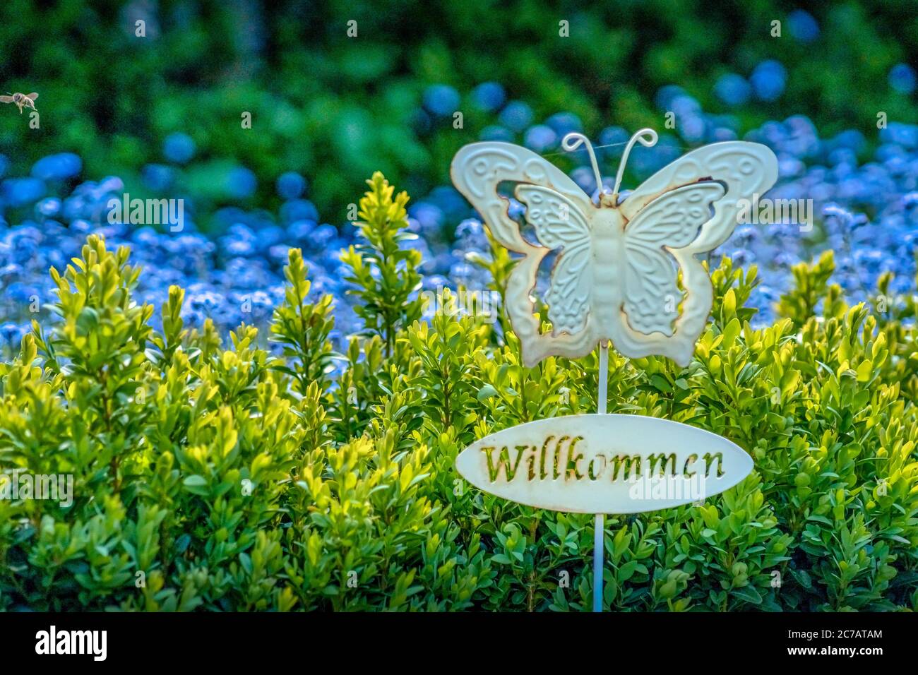 Plastic welcome sign in the garden with beautiful flowers in the ...
