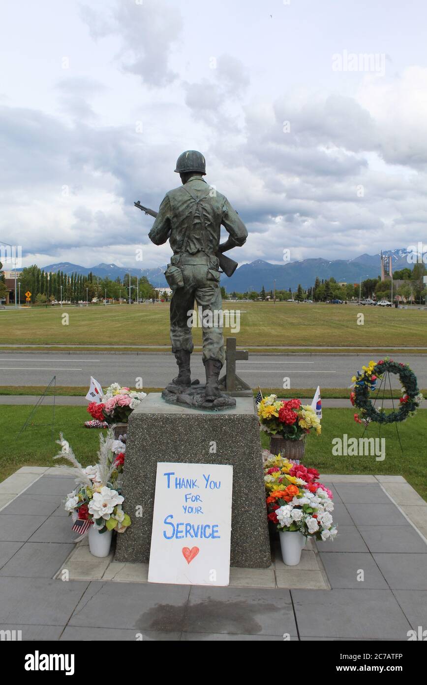 Thank you for your service sign next to the Anchorage Veterans Memorial ...