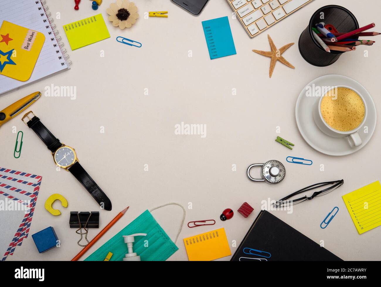 Table top view of office table with stationery items and copy space ...