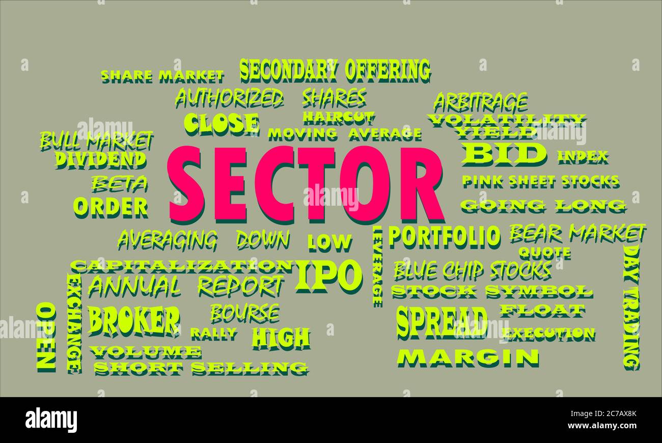 Sector A share market related terminology presented with 3d word cloud ...