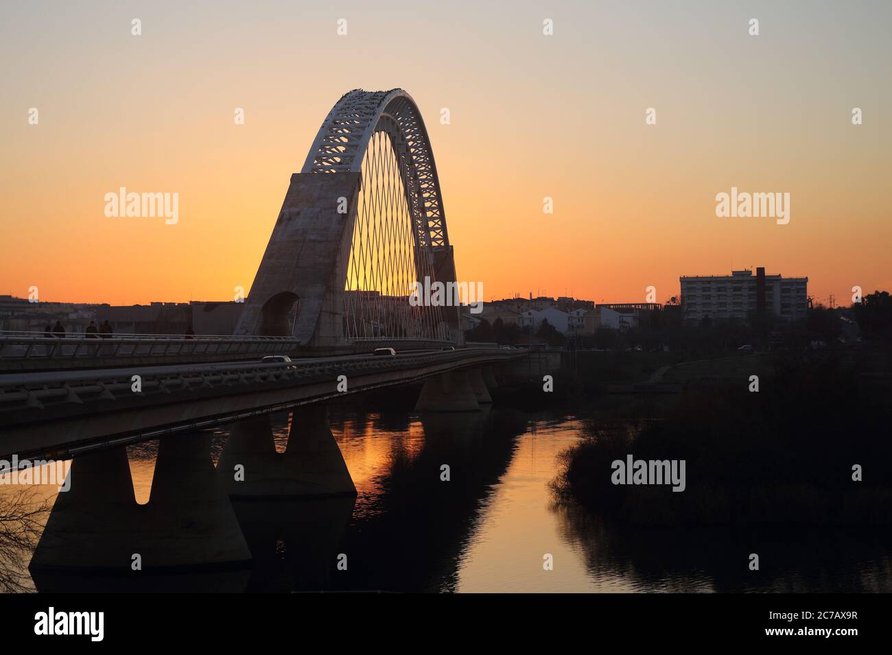 View at dusk of the Lusitania Bridge and the Guadiana River in Merida ...