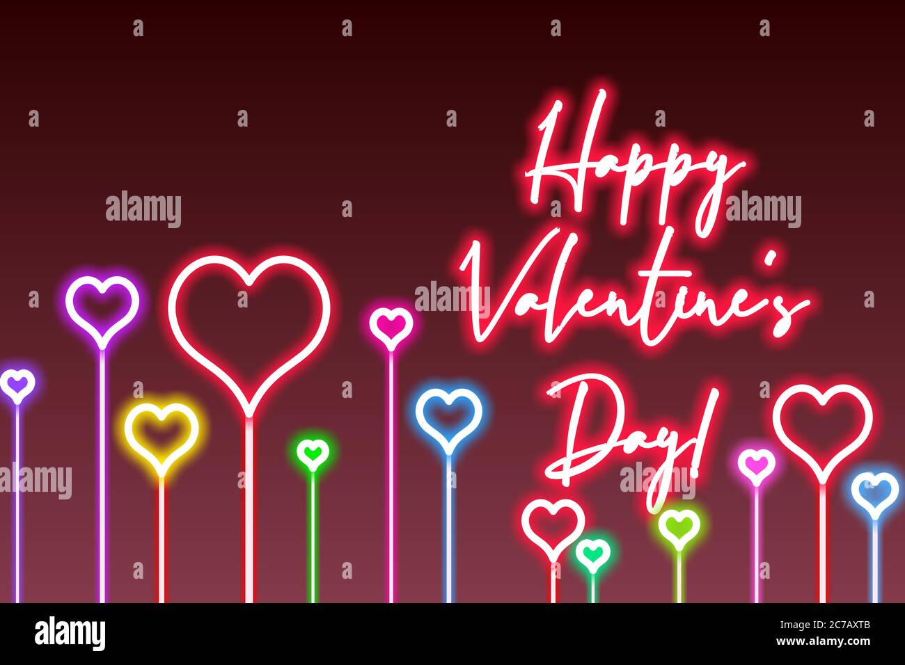 Glowing Happy Valentines Day illustration in colorful neon colors with ...