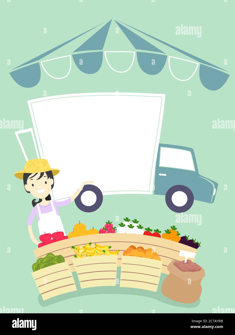 Illustration of Girl Selling Vegetables in a Farmers Market and a Truck ...