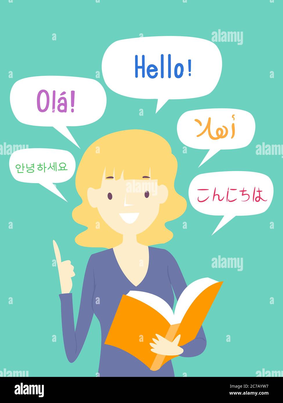 Illustration of a Language Teacher Holding a Book and Saying Hello in ...