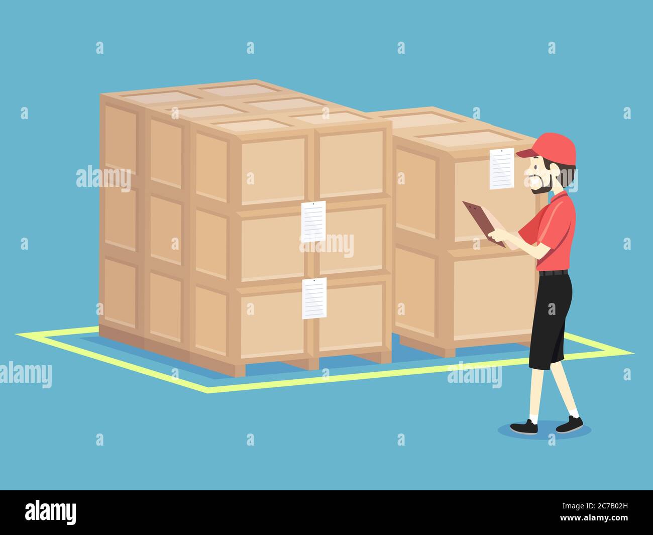 Illustration of a Man Checking Crates at the Warehouse and Writing Down ...