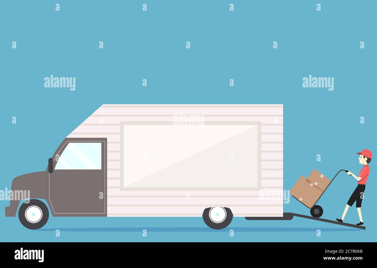 Illustration of a Man Loading Boxes Using Dolly Into Delivery Truck ...
