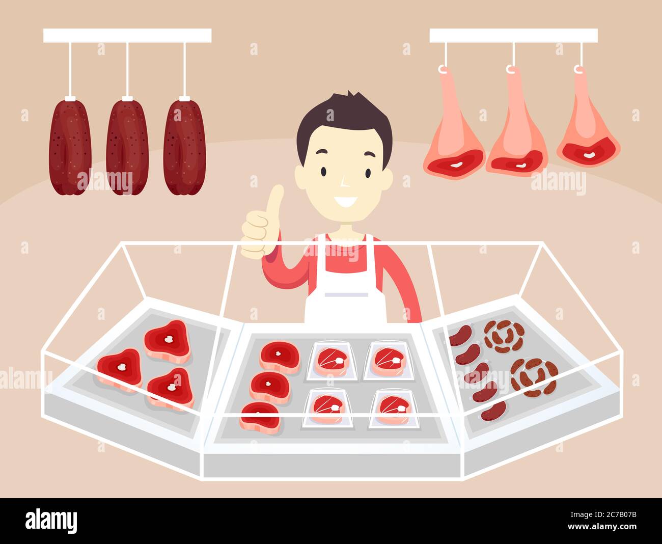 Illustration of a Man Vendor Selling Different Kinds and Cuts of Meat ...
