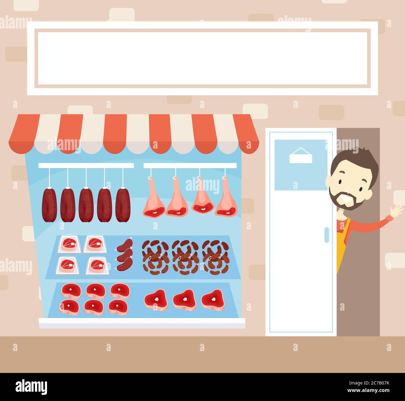 Illustration of a Man Waving Through an Open Door In a Meat Shop Stock ...