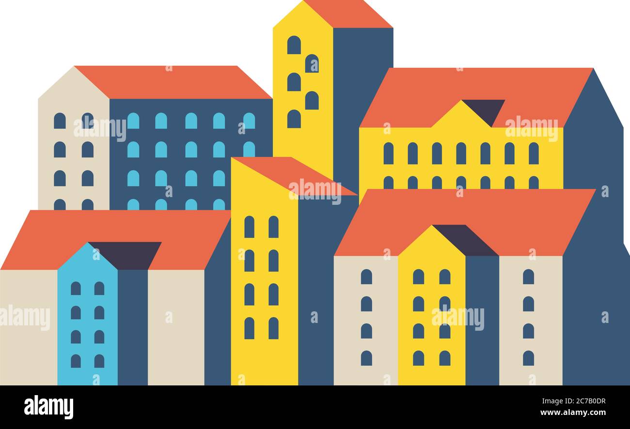 Yellow blue and orange city buildings design, Abstract geometric ...