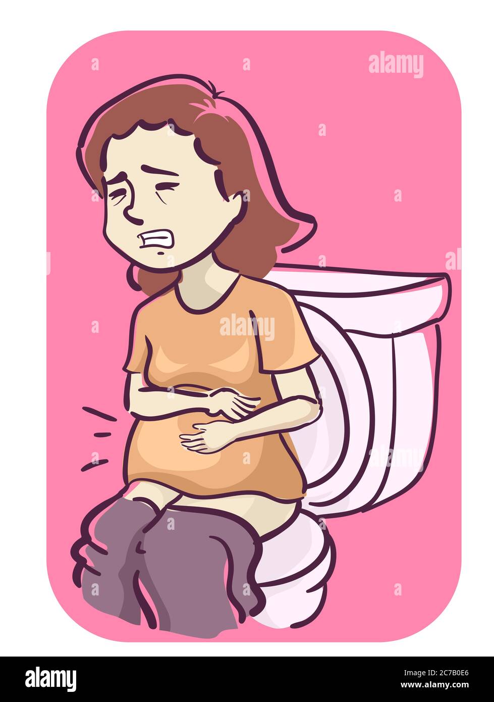 Illustration of a Pregnant Woman Constipated and Sitting on Toilet Bowl ...