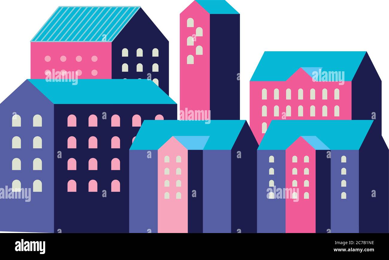 Pink blue and purple city buildings design, Abstract geometric ...