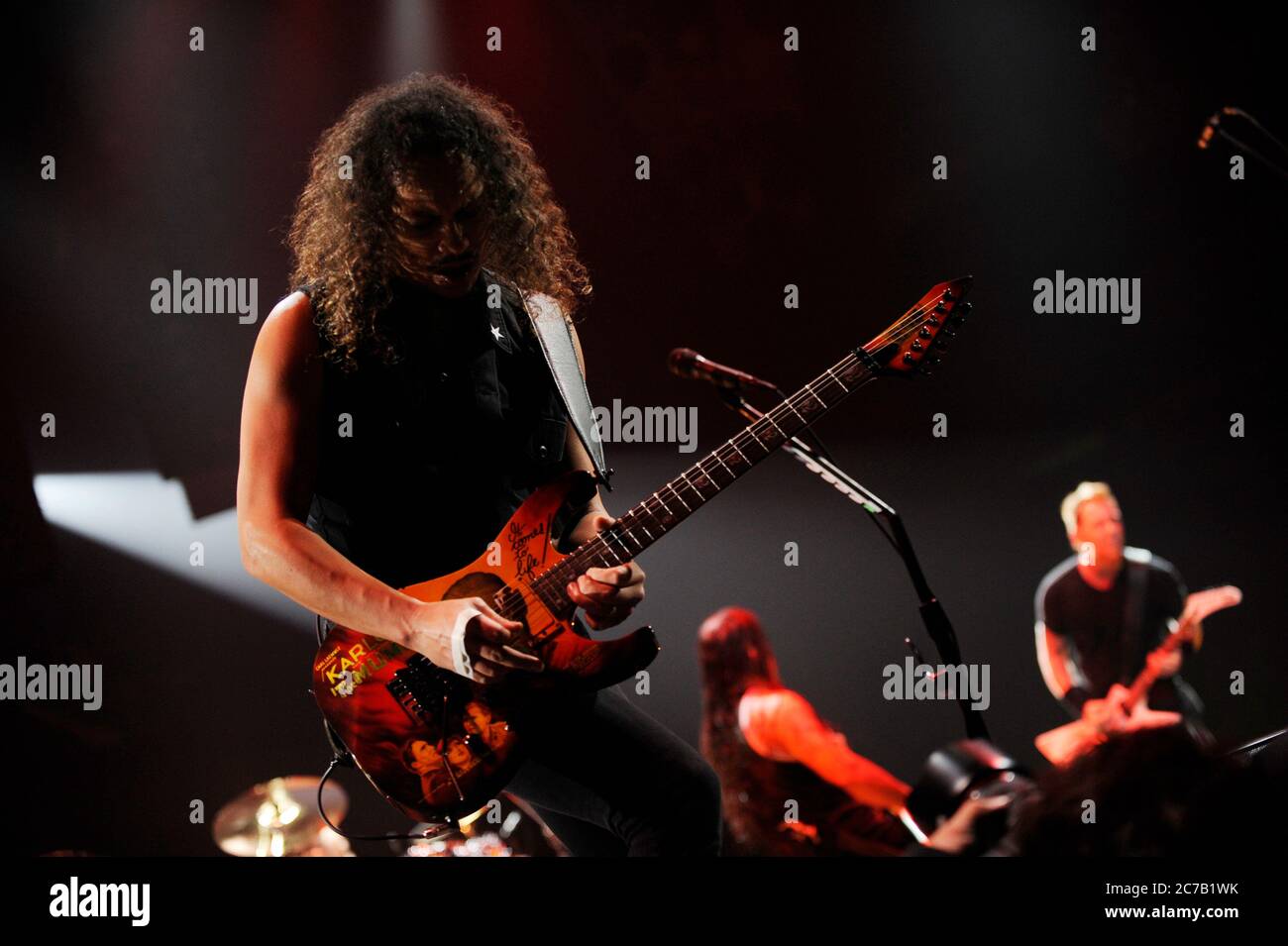 (L-R) Kirk Hammett, Robert Trujillo and James Hetfield of Metallica ...