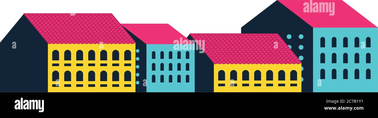Yellow blue and pink city buildings design, Abstract geometric ...