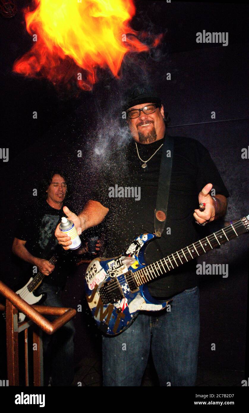 (L-R) Randy Bradbury, Fletcher Dragge of Pennywise backstage playing ...