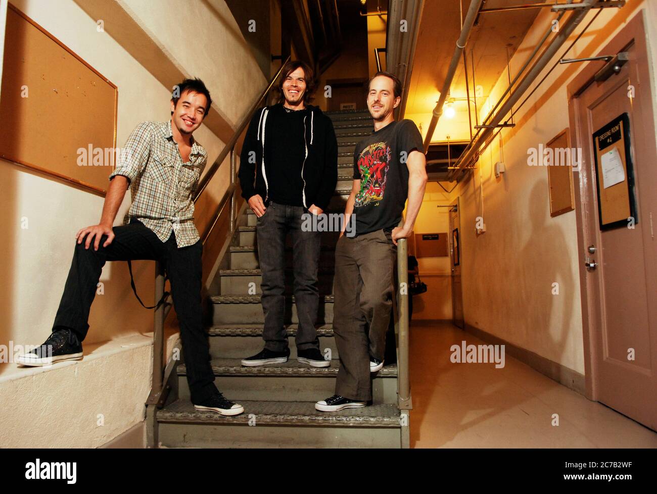 (L-R) Doug Robb, Dan Estrin and Chris Hesse of Hoobastank backstage ...