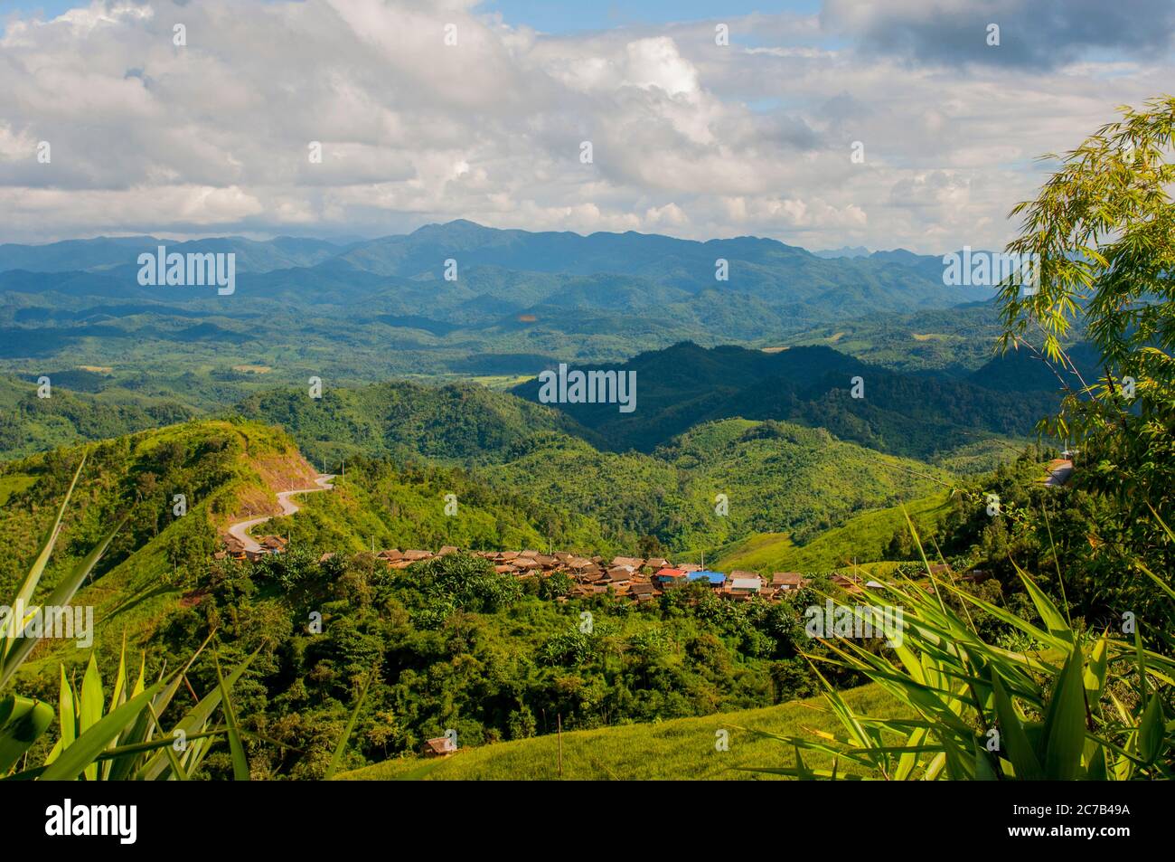 View of a Hmong village in the hill country near Phou Khoun in Laos ...