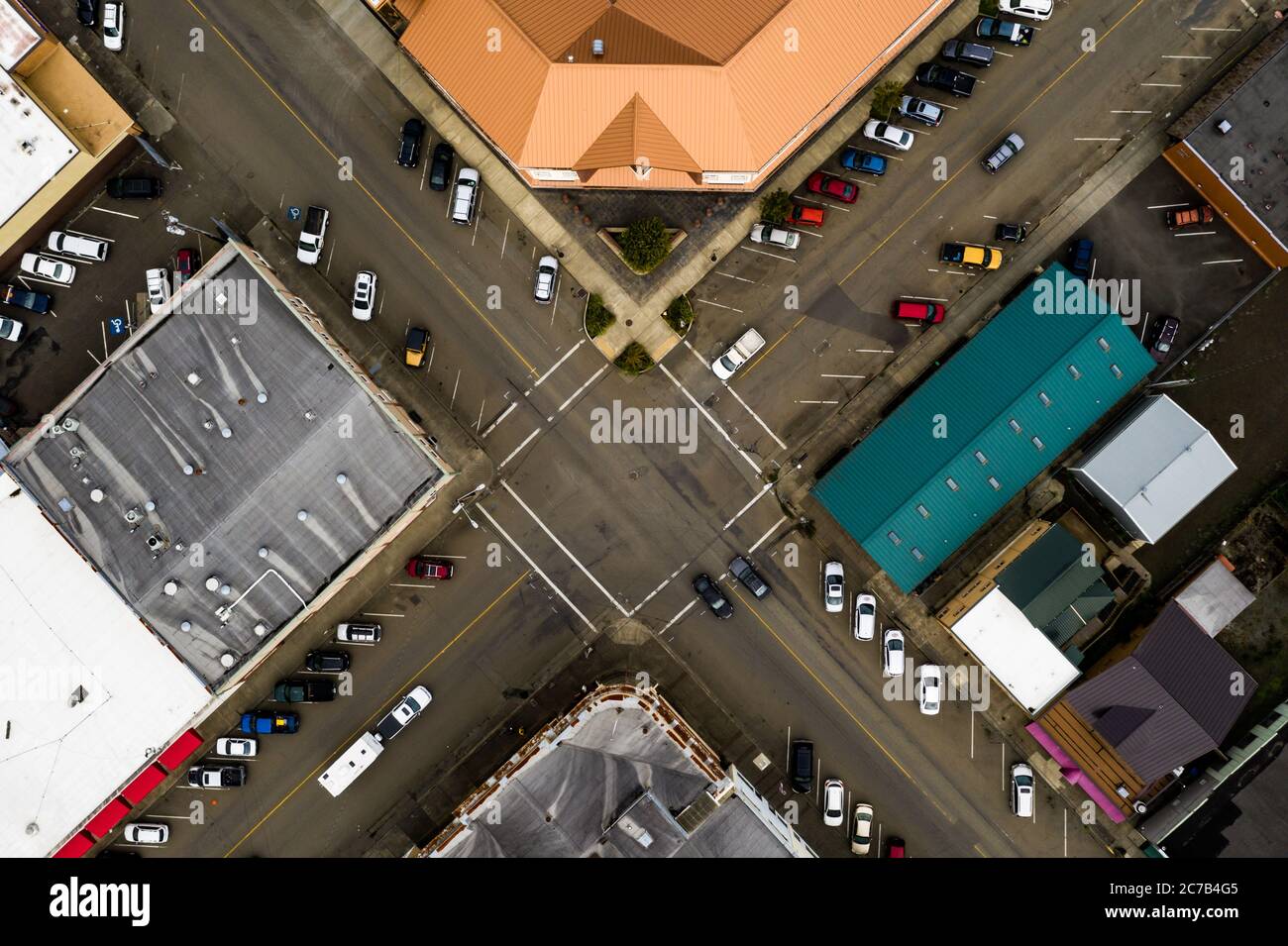 Top Down Aerial View of Rooftops and Cars in Parking Lots, Industrial ...