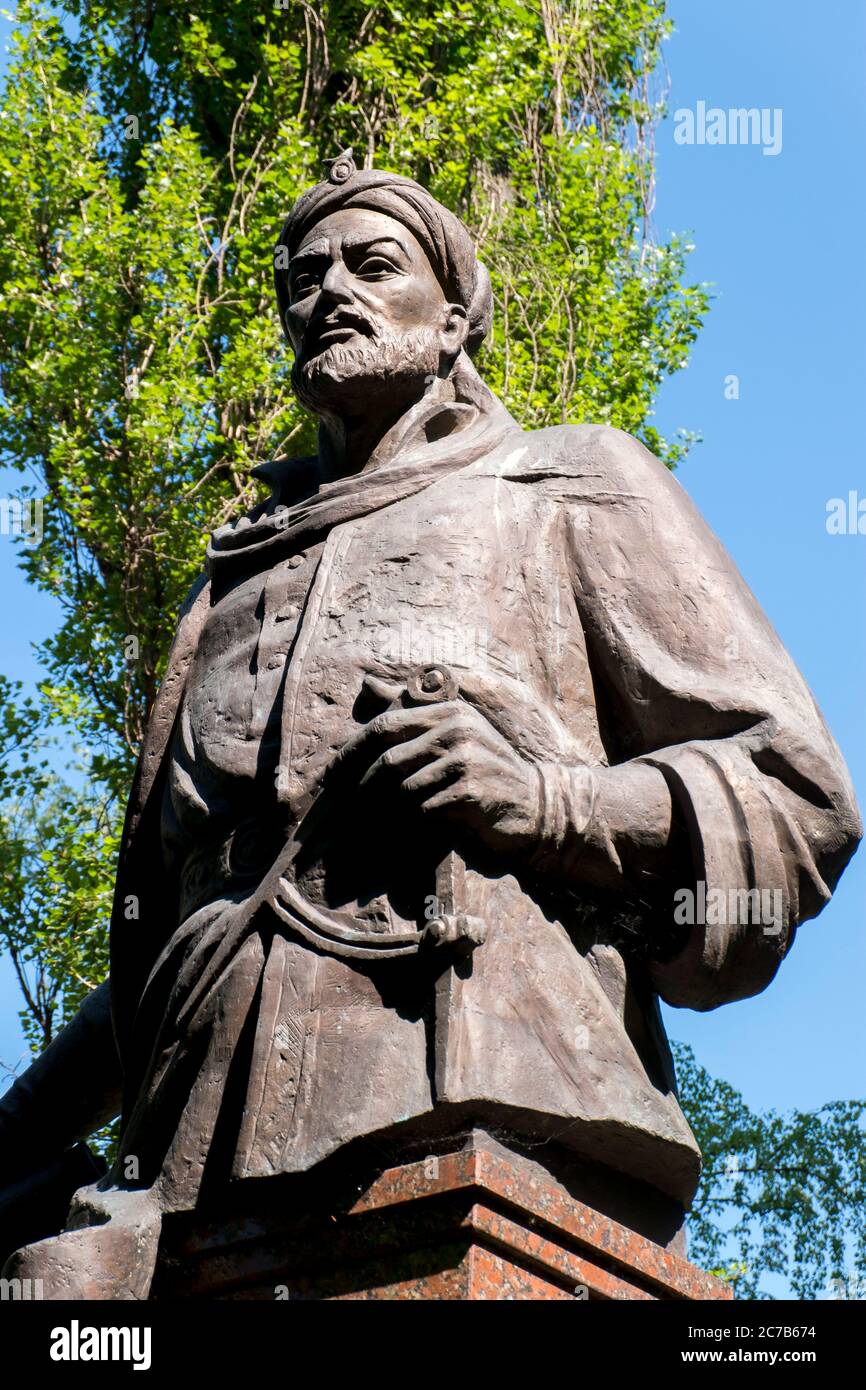 A bronze statue in a park of Mirzo Ulugbek, a great leader from ...