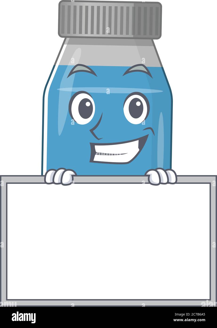 Funny cartoon design style syrup medicine standing behind a board Stock ...