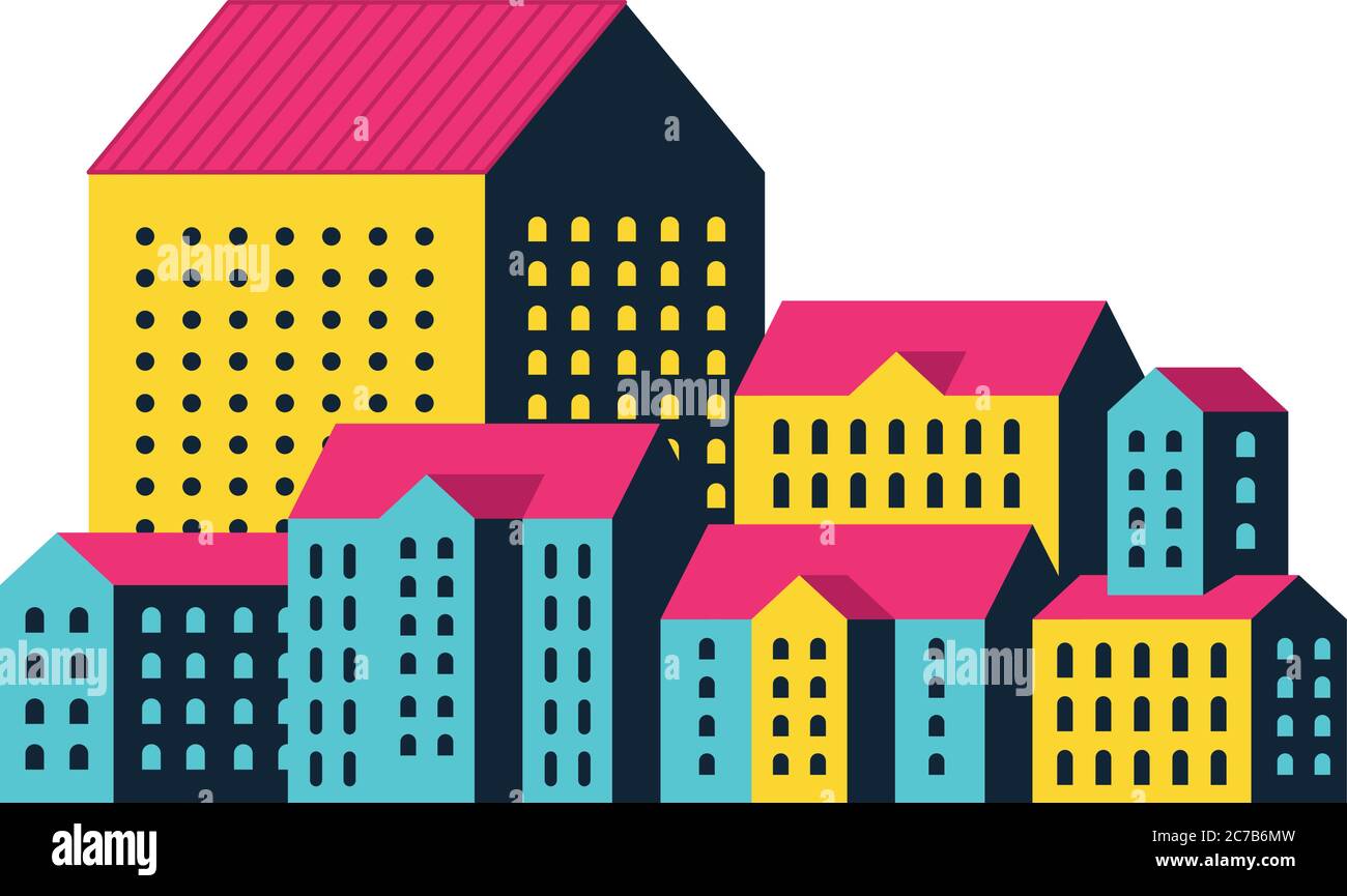 Yellow blue and pink city buildings design, Abstract geometric ...