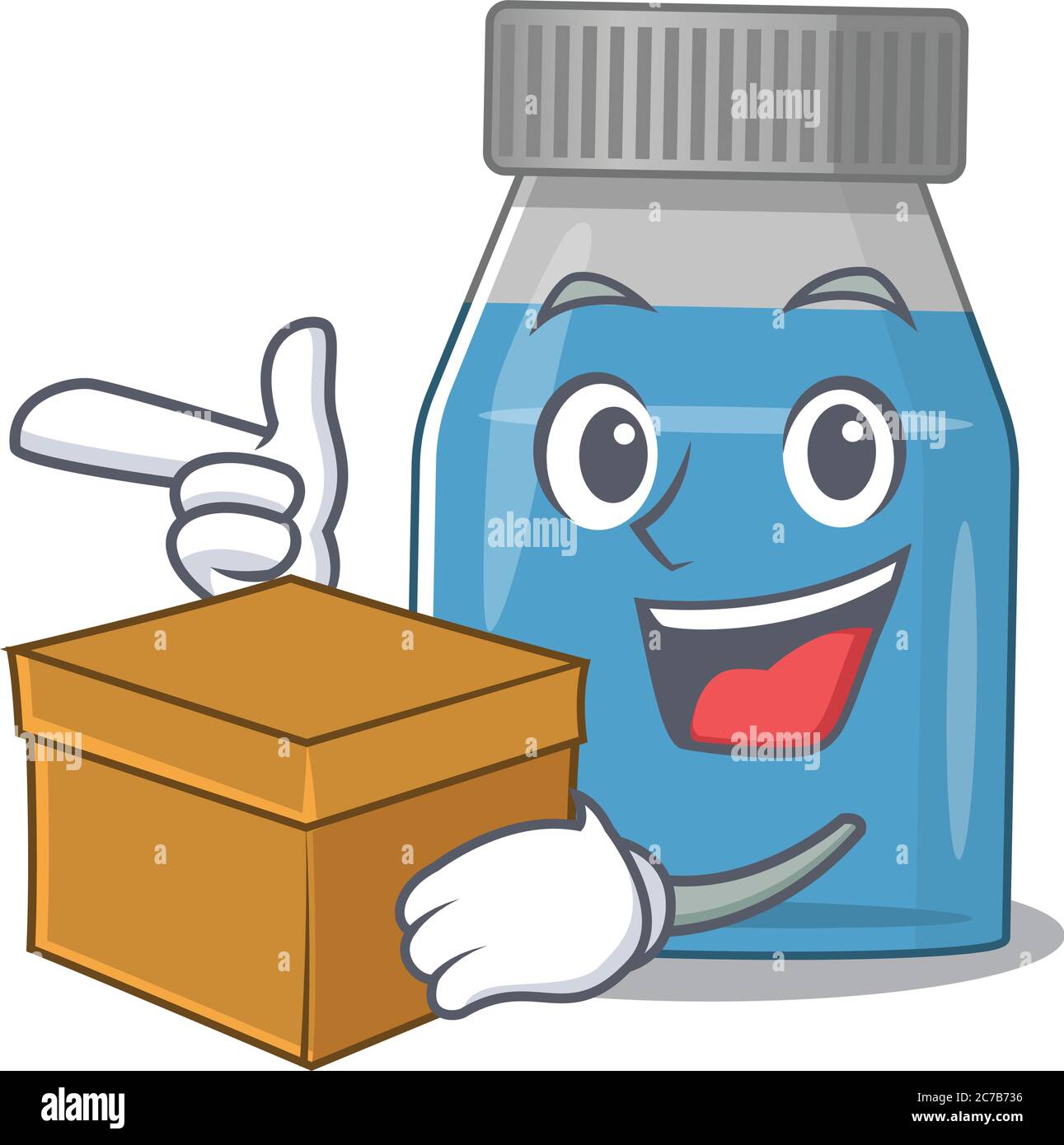 A smiling syrup medicine cartoon mascot style having a box Stock Vector ...