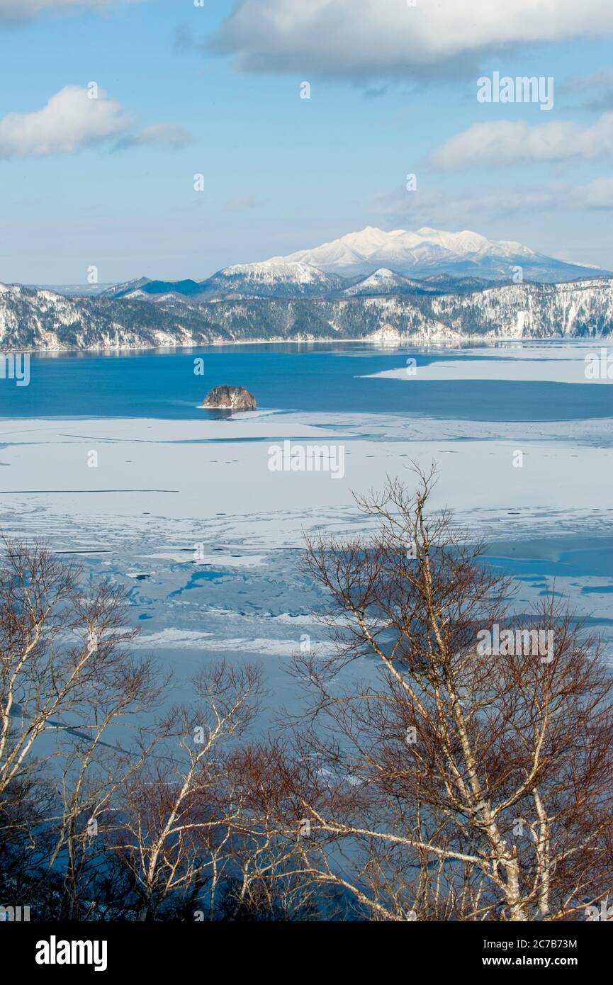 View of Lake Mashu, which is a caldera lake in Akan National Park on ...