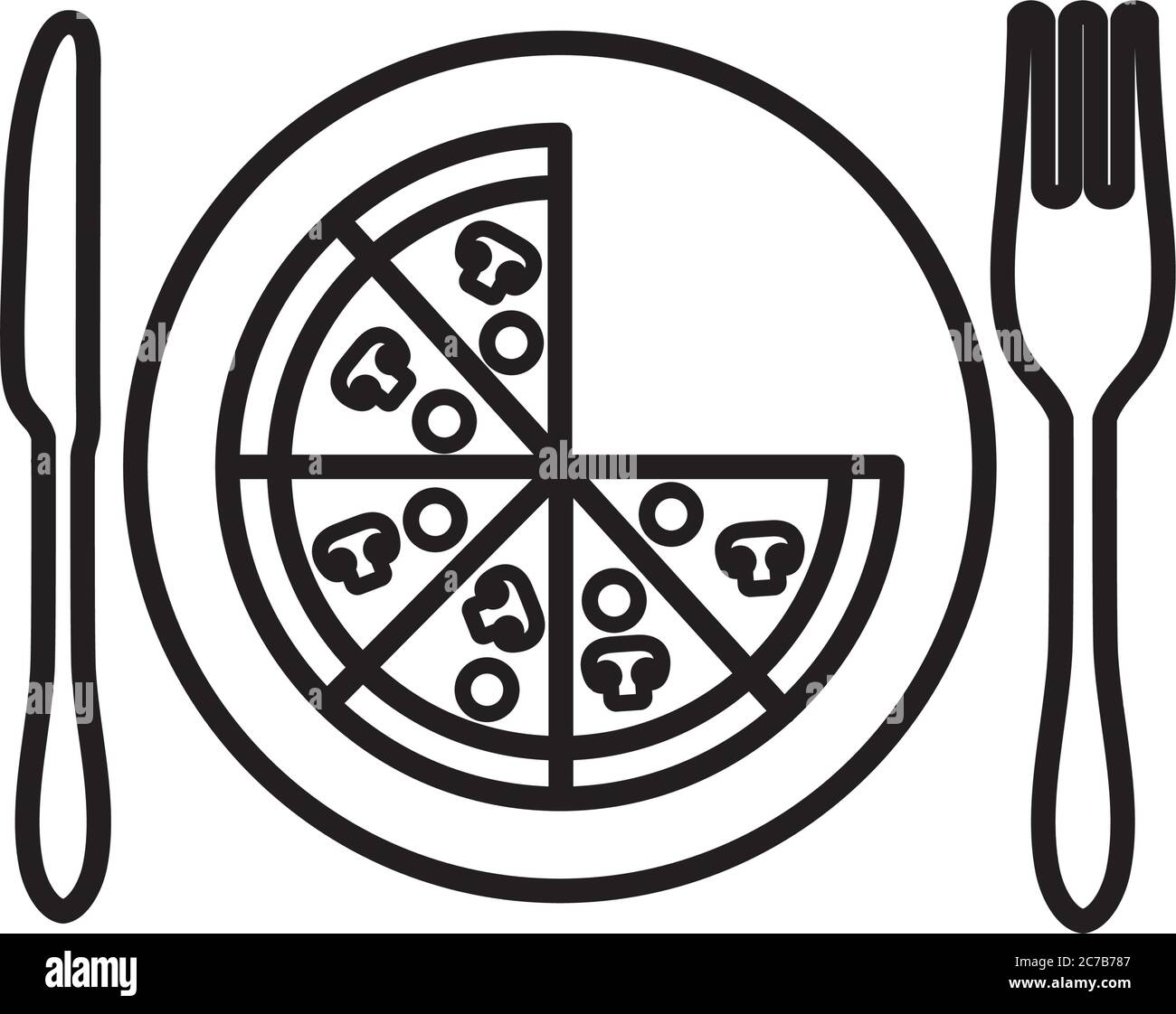 curtlery and dish with pizza slices over white background, line style ...
