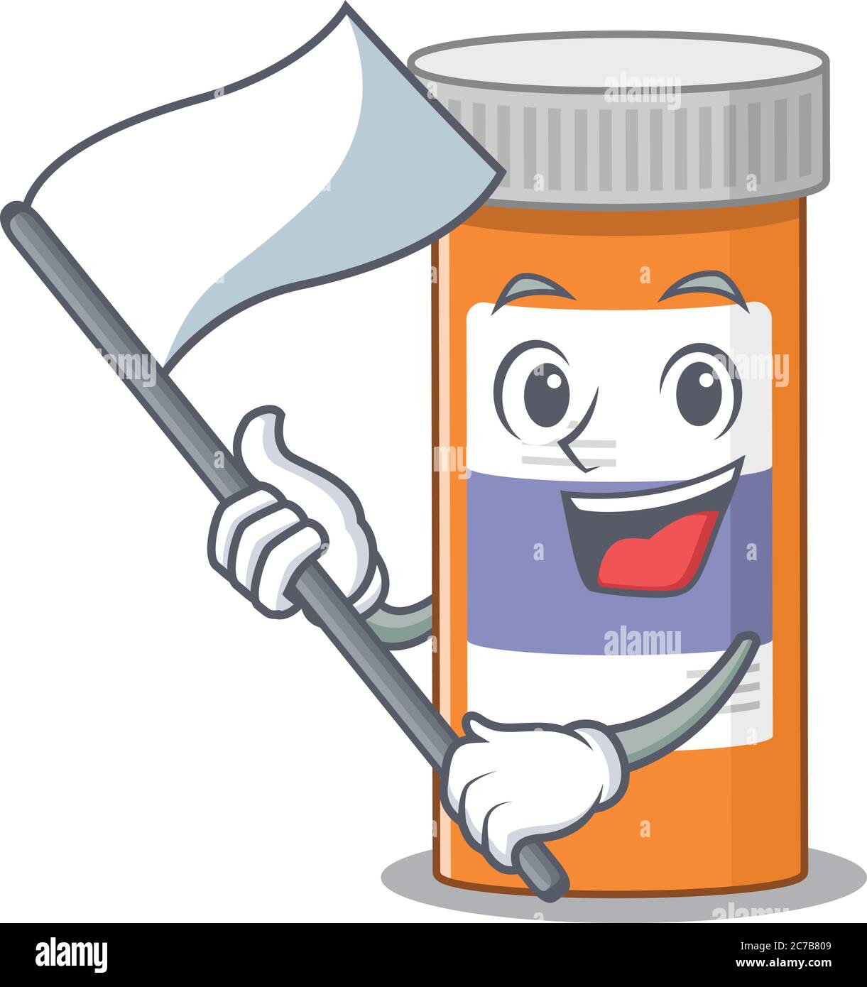 A brave pills drug bottle mascot character design holding a white flag ...